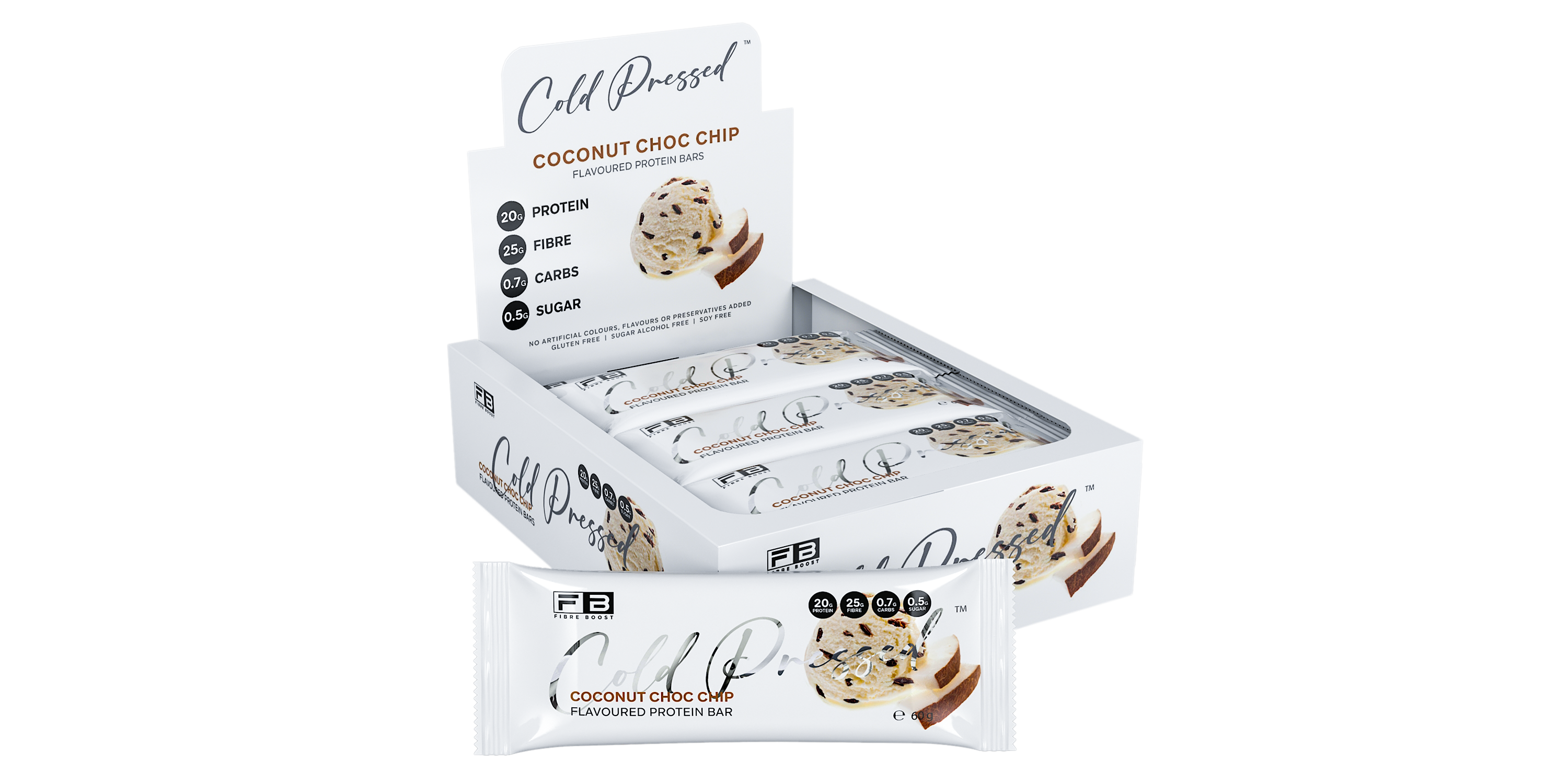 FIBRE BOOST Coconut Choc Chip 60g X 12 BOX BUNDLE Cold Pressed Protein ...