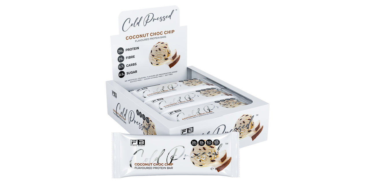 FIBRE BOOST Coconut Choc Chip 60g X 12 BOX BUNDLE Cold Pressed Protein ...